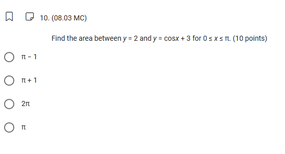 Solved (08.03 MC)Find the area between y=2 ﻿and y=cosx+3 | Chegg.com