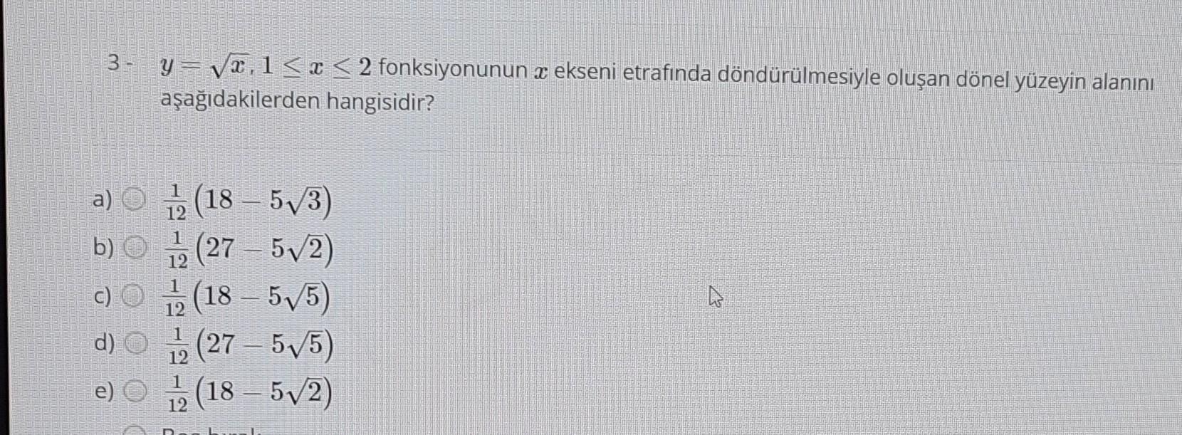 Solved 3- y=x,1≤x≤2 fonksiyonunun x ekseni etrafında | Chegg.com