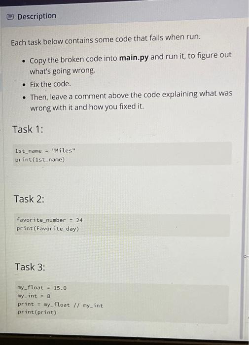 Solved Description Each task below contains some code that | Chegg.com