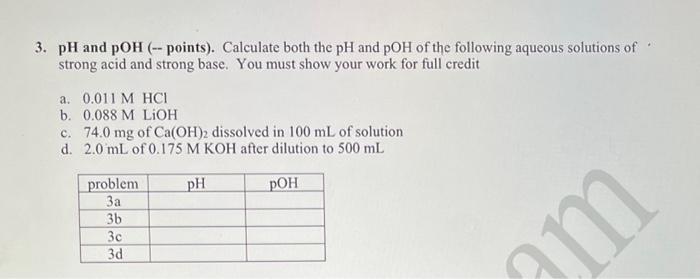 Solved 3. pH and pOH (-- points). Calculate both the pH and | Chegg.com