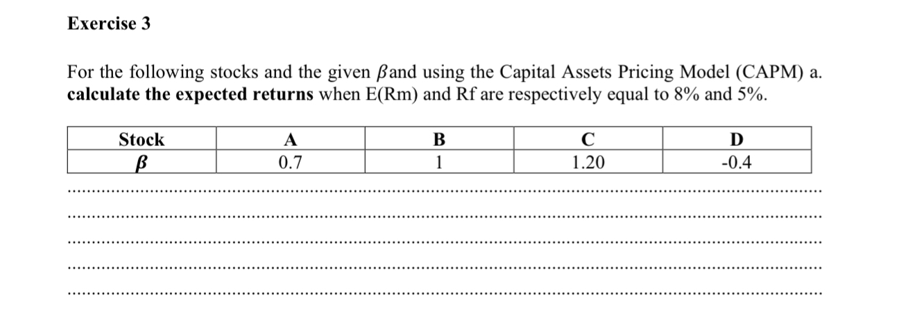Solved Exercise 3For the following stocks and the given β | Chegg.com