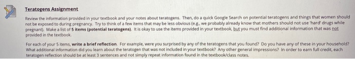 Solved Teratogens Assignment Review the information provided | Chegg.com