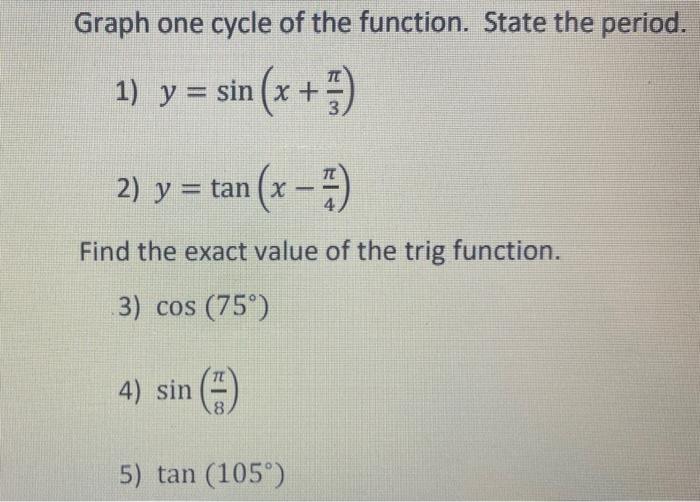 Solved Graph one cycle of the function. State the period. 1) | Chegg.com