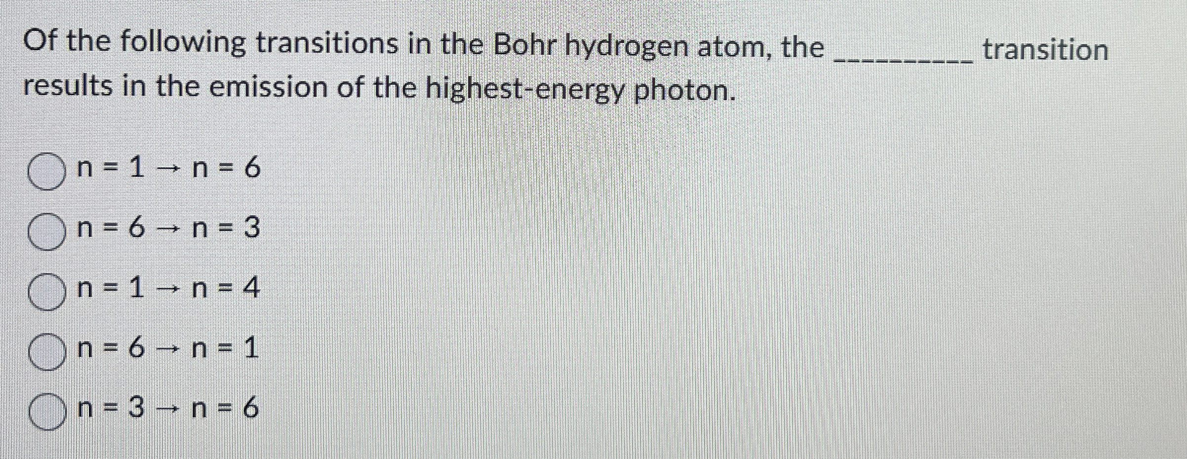 Solved Of the following transitions in the Bohr hydrogen | Chegg.com