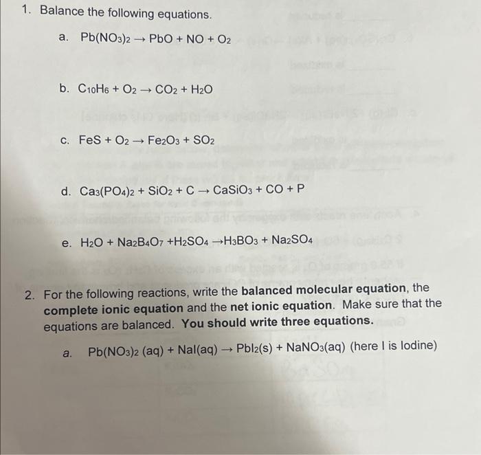 Solved 1. Balance the following equations. a. | Chegg.com