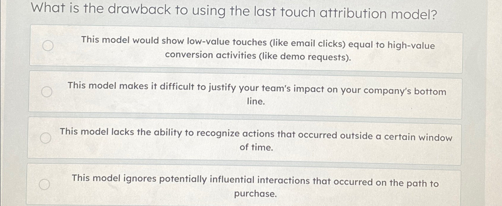 Solved What is the drawback to using the last touch | Chegg.com