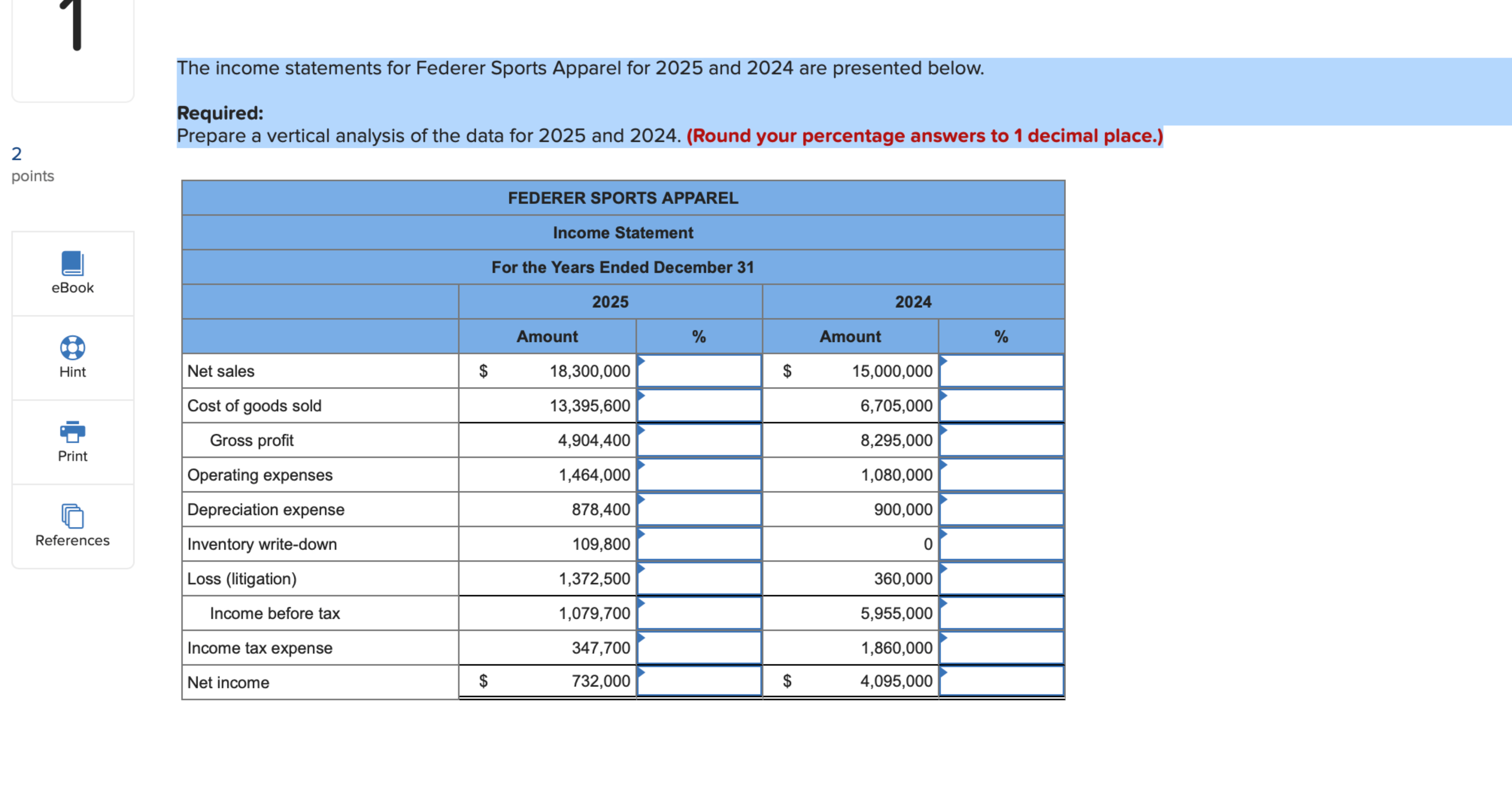 Solved The income statements for Federer Sports Apparel for | Chegg.com