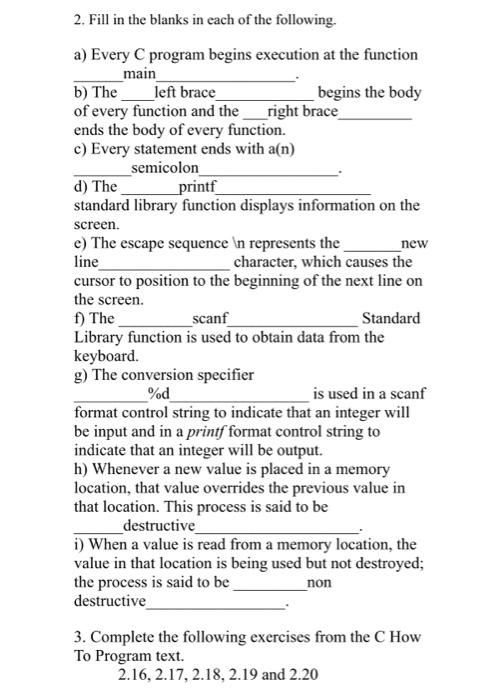 Solved 2. Fill in the blanks in each of the following. a) | Chegg.com