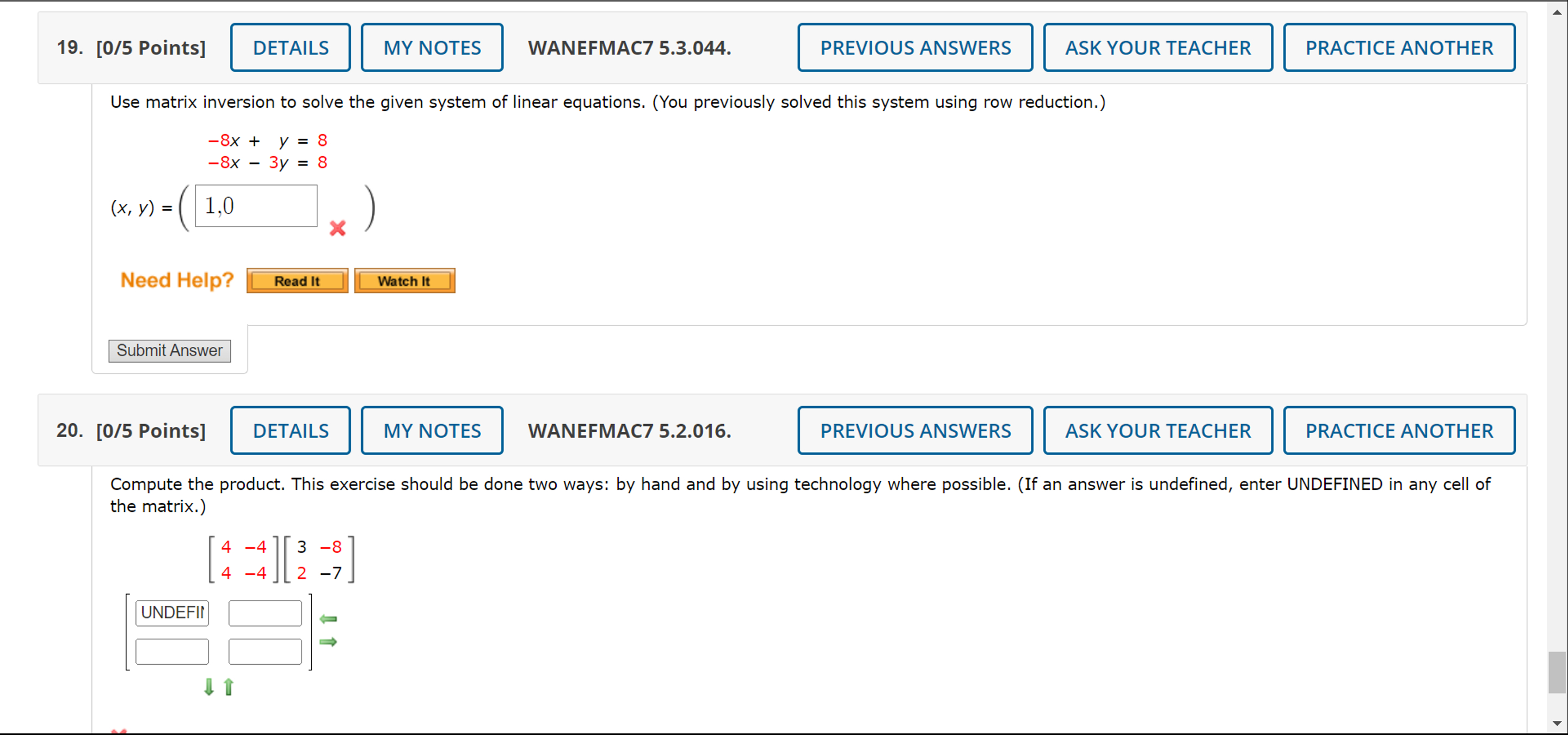 Solved [0/5 ﻿Points]WANEFMAC7 5.3.044.Use matrix inversion | Chegg.com