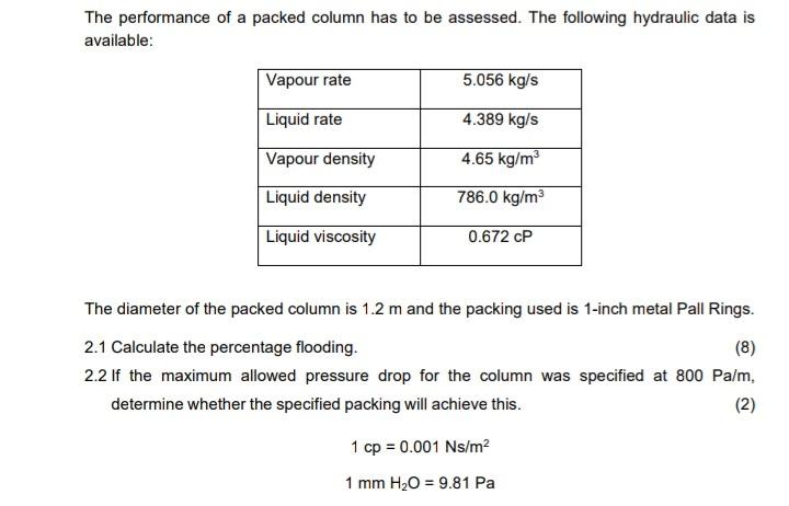 Solved The performance of a packed column has to be | Chegg.com