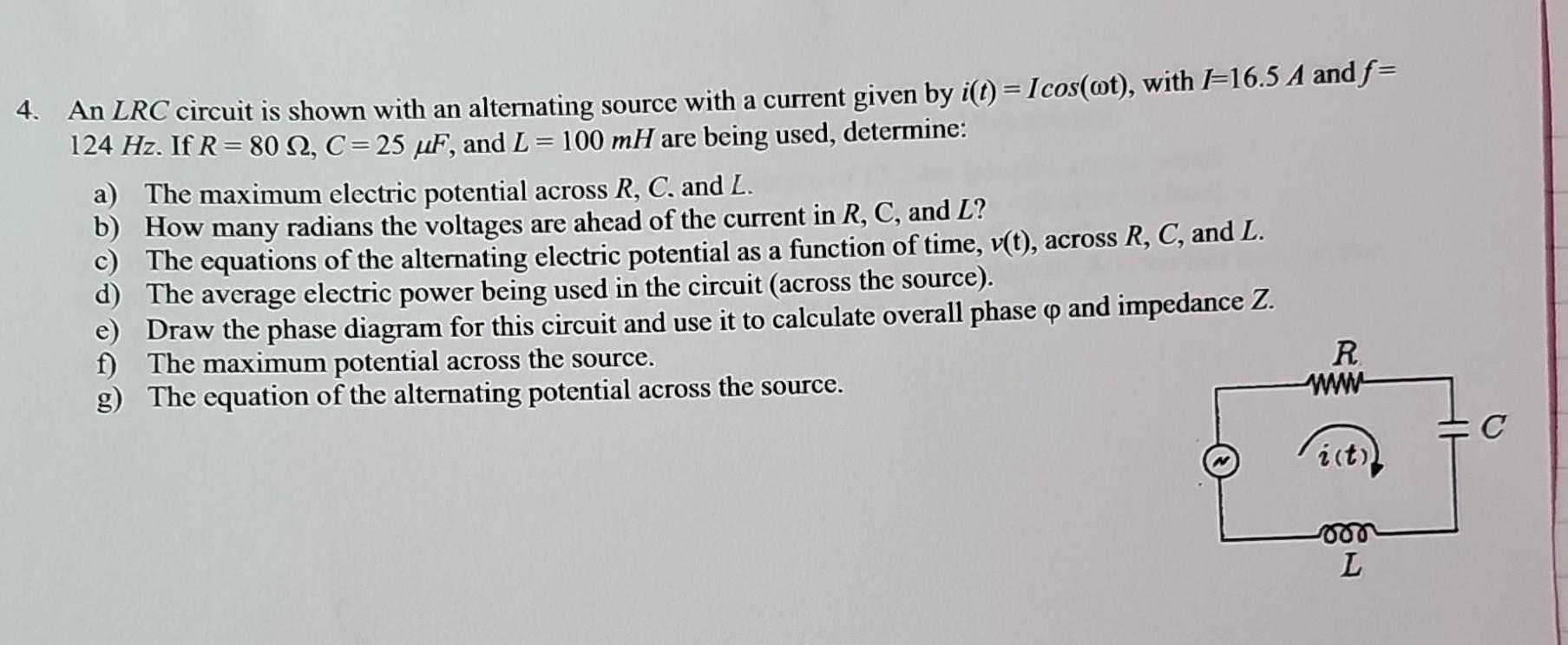 Solved An LRC circuit is shown with an alternating source | Chegg.com