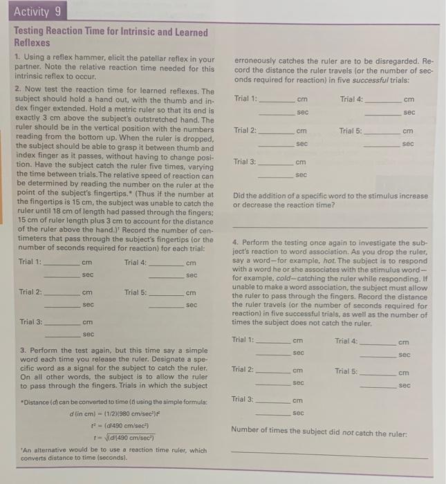 Testing Reaction Time for Intrinsic and Learned | Chegg.com