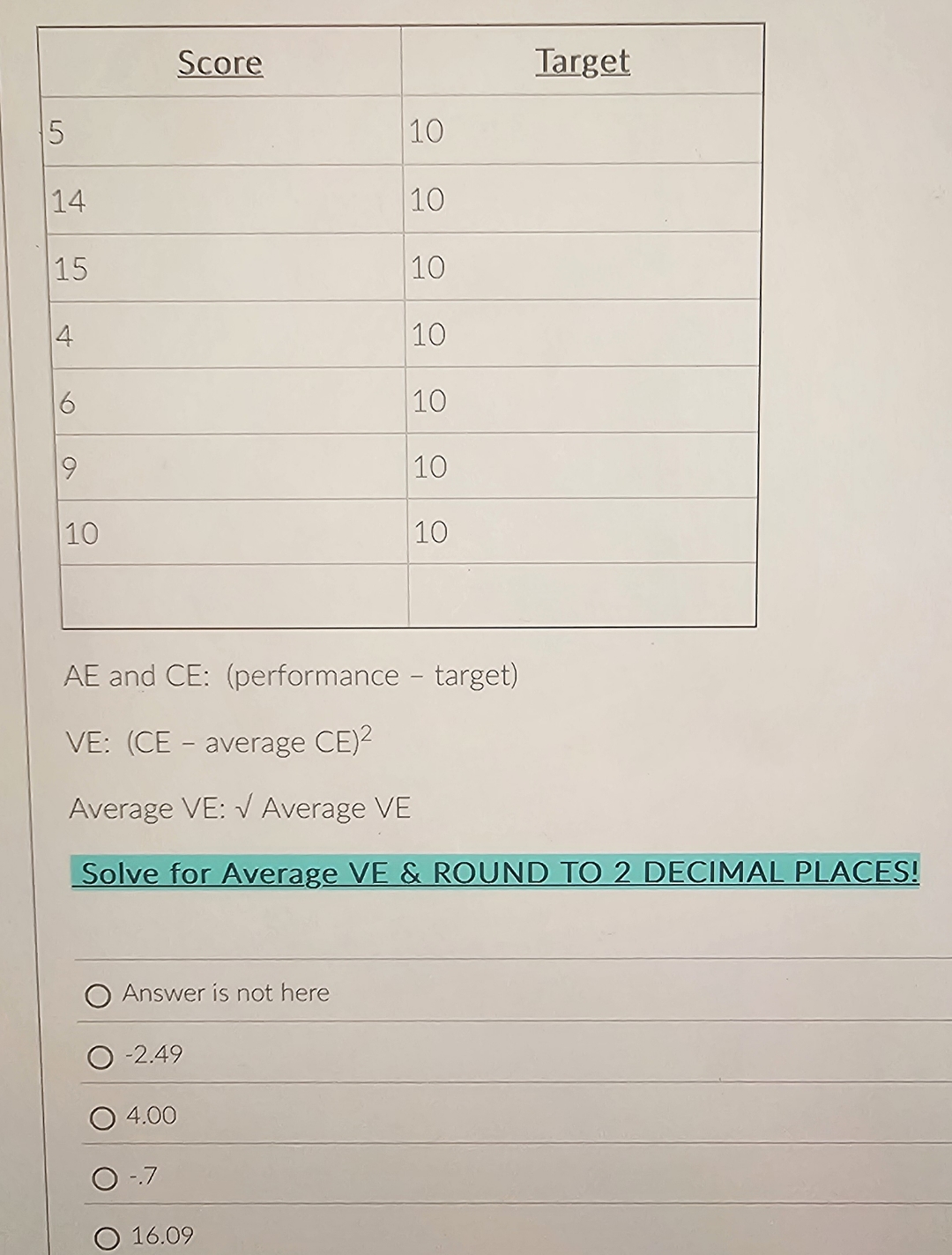 Solved AE ﻿and CE: (performance - ﻿target)VE: - ﻿average | Chegg.com