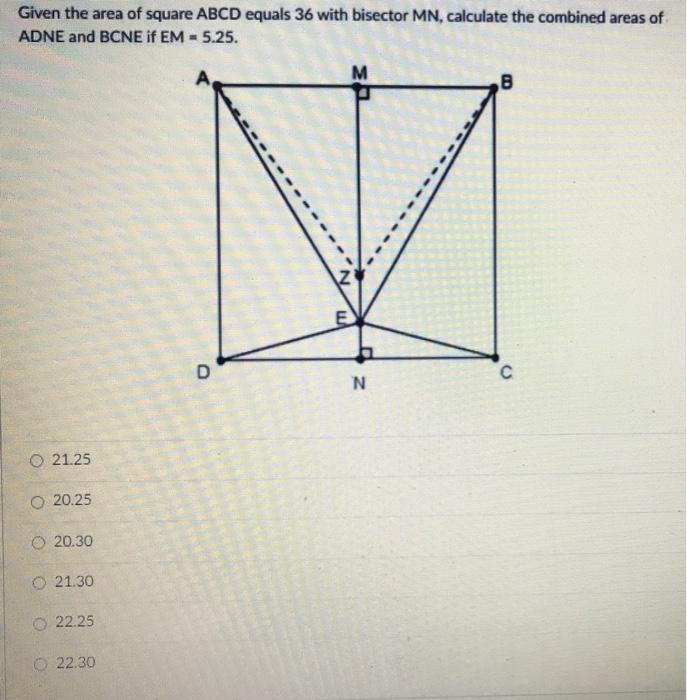 Solved Given the area of square ABCD equals 36 with bisector | Chegg.com