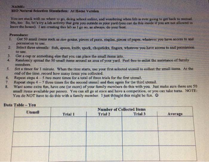 NAME: BIO Natural Selection Simulation: At Home | Chegg.com