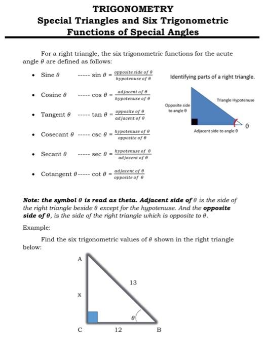 Solved TRIGONOMETRY Special Triangles and Six Trigonometric | Chegg.com