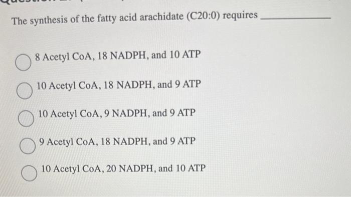 Solved The synthesis of the fatty acid arachidate (C20:0) | Chegg.com