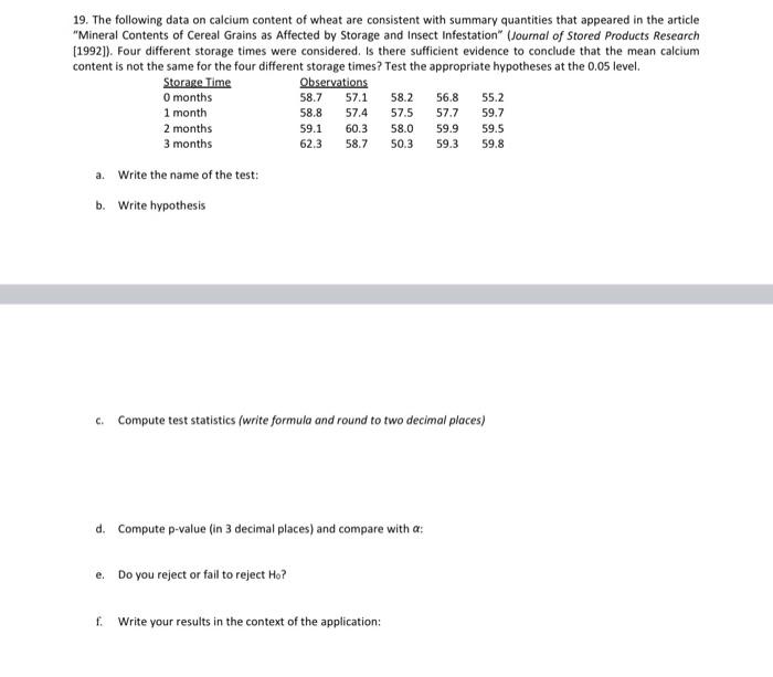Solved 19. The following data on calcium content of wheat | Chegg.com