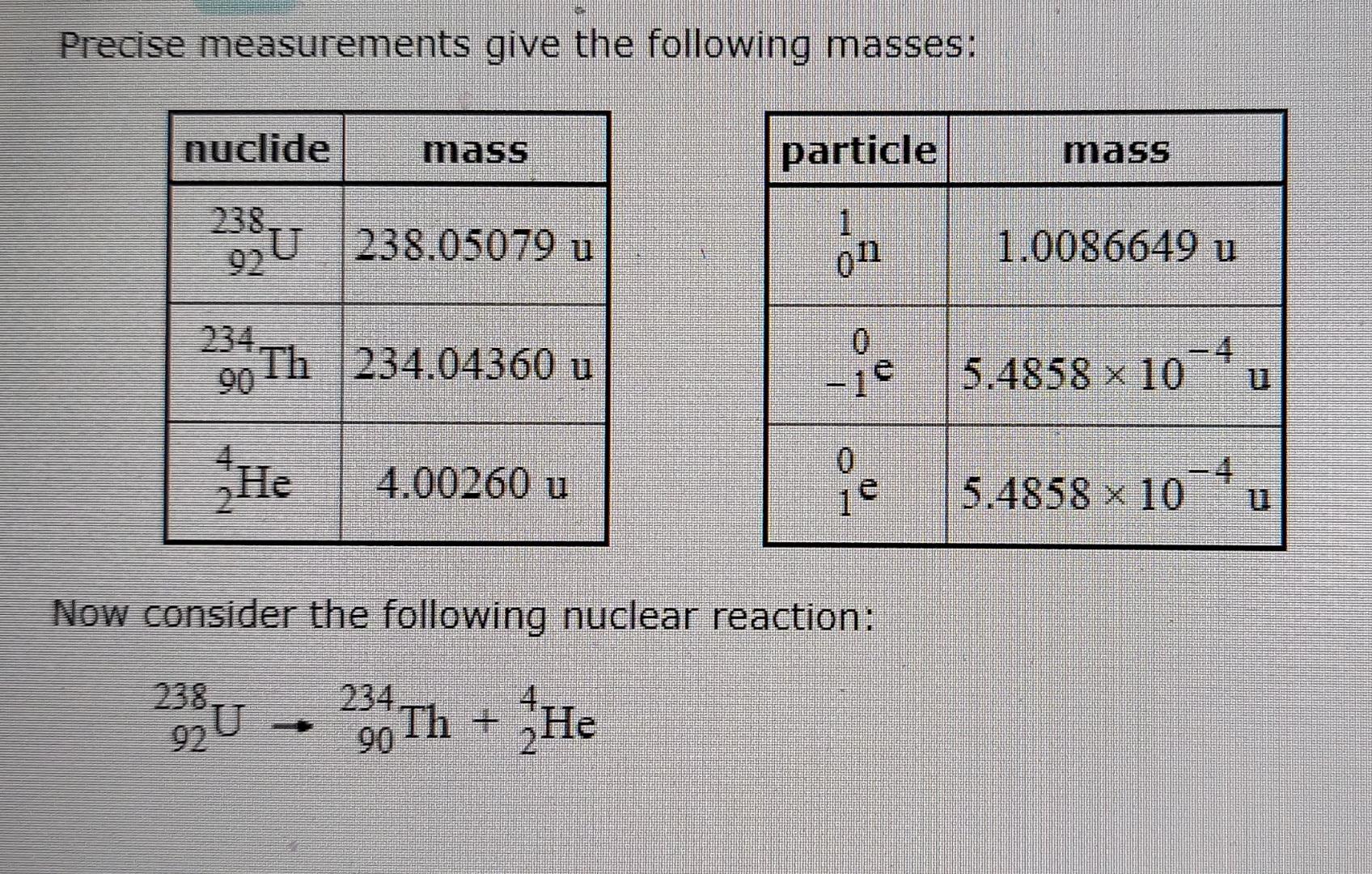 Solved Precise measurements give the following masses: | Chegg.com