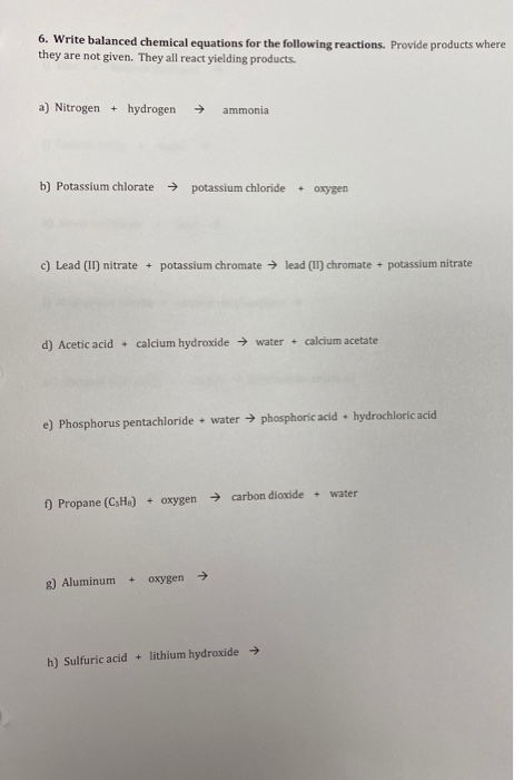 Solved 6. Write balanced chemical equations for the | Chegg.com