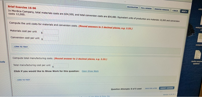 Solved CALCULATOR FULL SCREEN PRINTER VERSION Brief Exercise | Chegg.com
