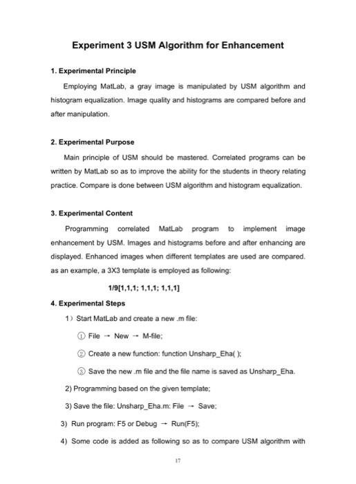 Solved Experiment 3 USM Algorithm for Enhancement 1. | Chegg.com