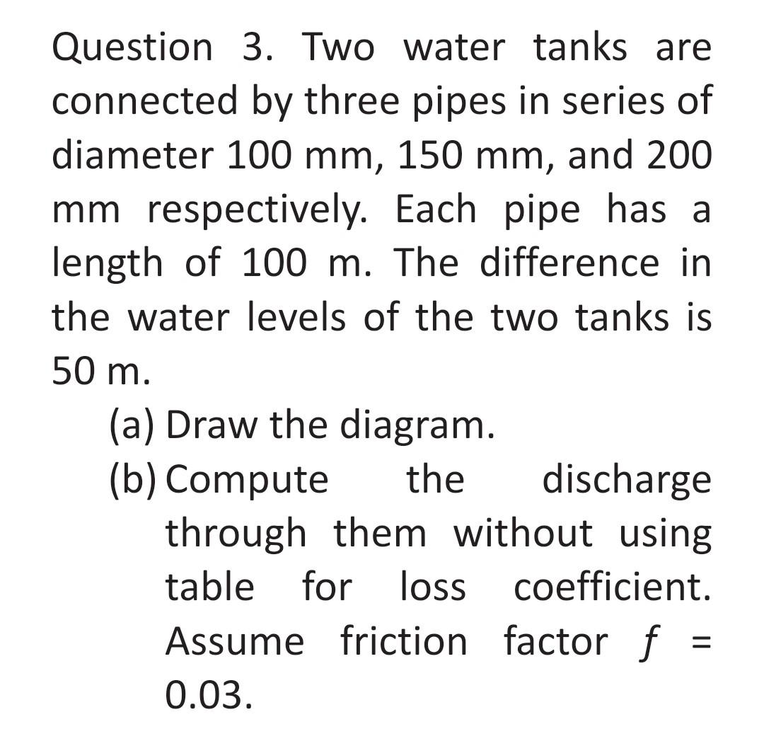 Solved Question 3. Two water tanks are connected by three | Chegg.com