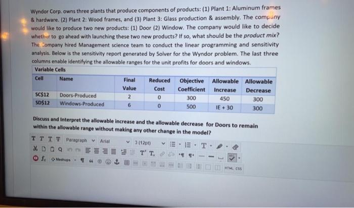 Solved Wyndor Corp. owns three plants that produce | Chegg.com