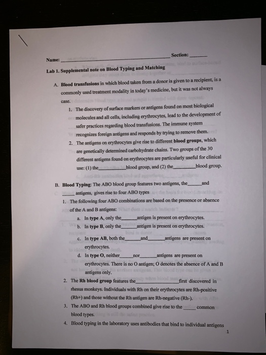 Solved Section: Name: Lab 1. Supplemental note on Blood | Chegg.com