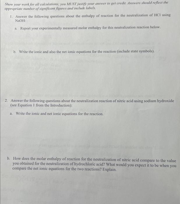 Solved Show your work for all calculations: you MUST justify | Chegg.com