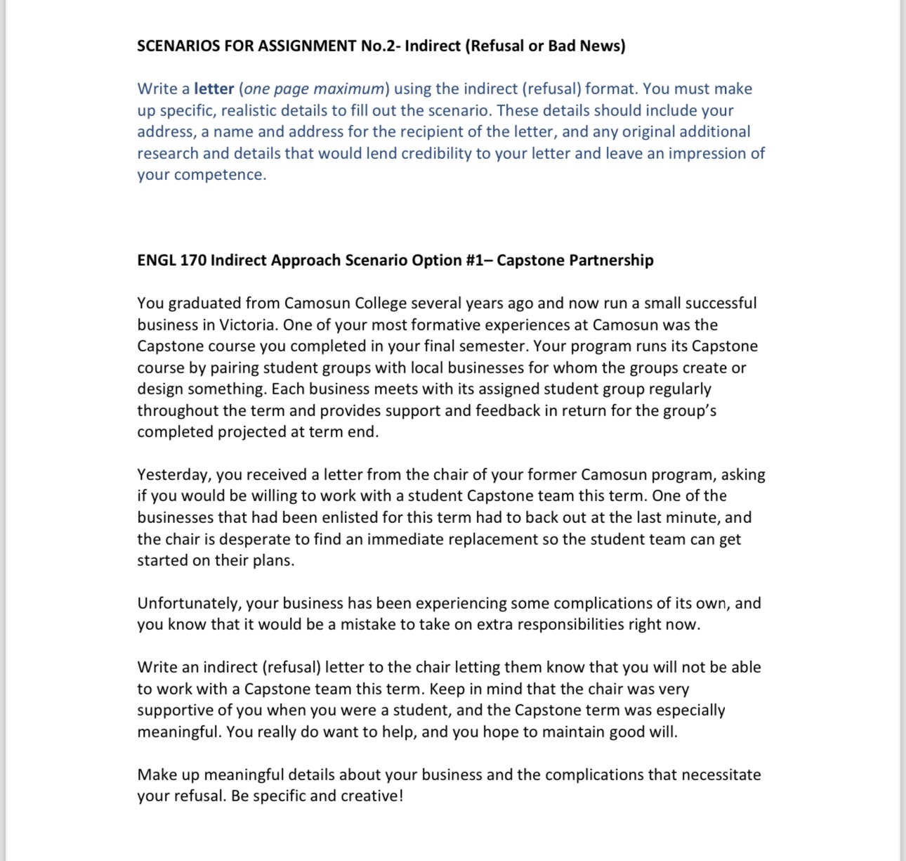 Solved SCENARIOS FOR ASSIGNMENT No.2- ﻿Indirect (Refusal or | Chegg.com