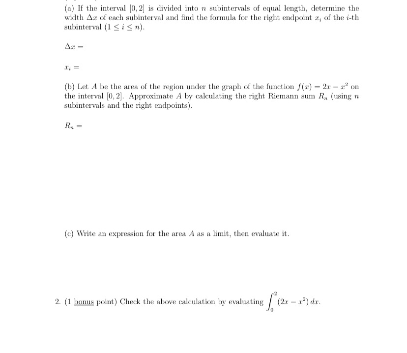 Solved (a) ﻿If the interval 0,2 ﻿is divided into n | Chegg.com