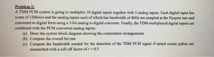 Solved Problem 2: A TDM PCM system is going to multiplex 10 | Chegg.com