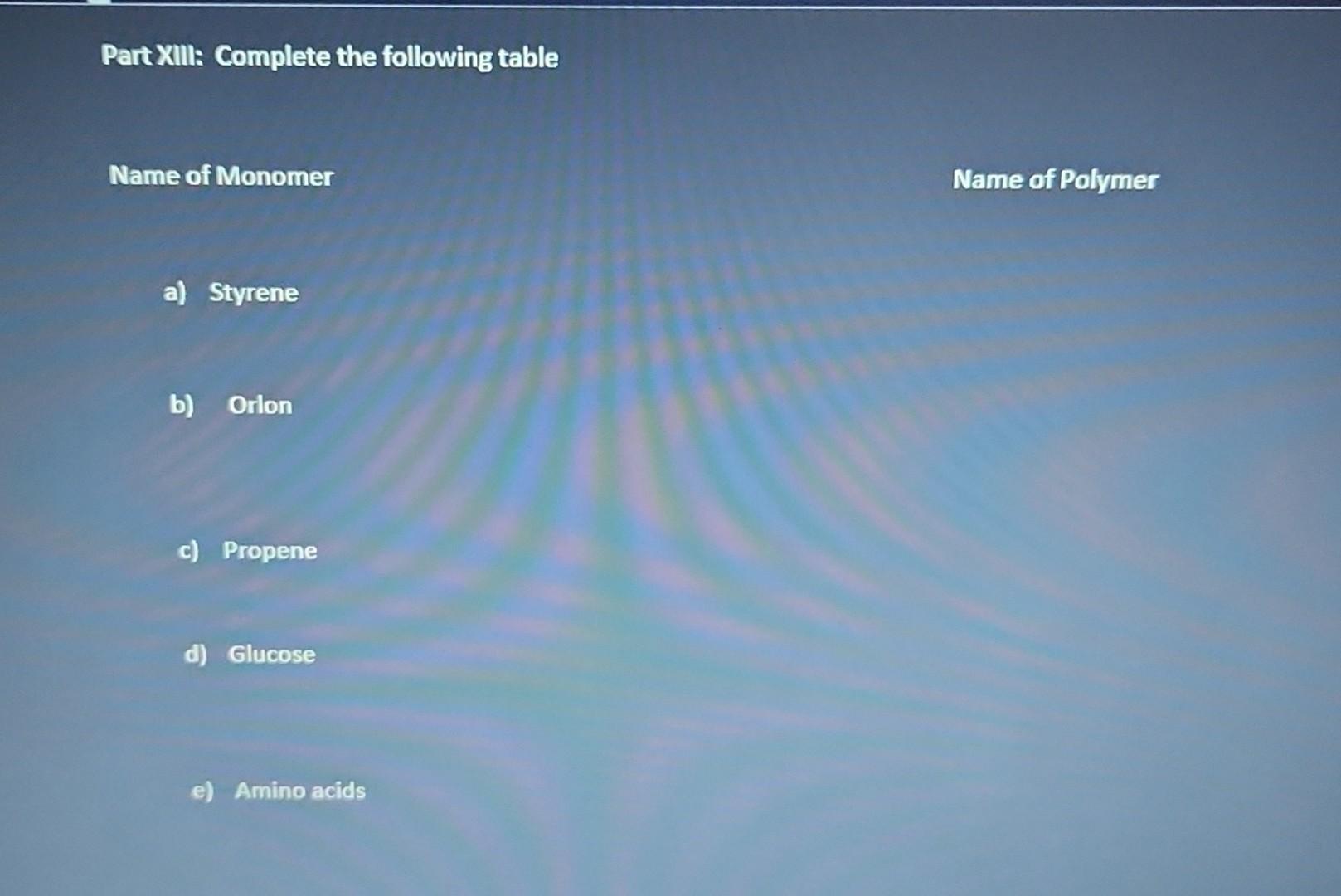 Solved Part XIIl: Complete the following table Name of | Chegg.com
