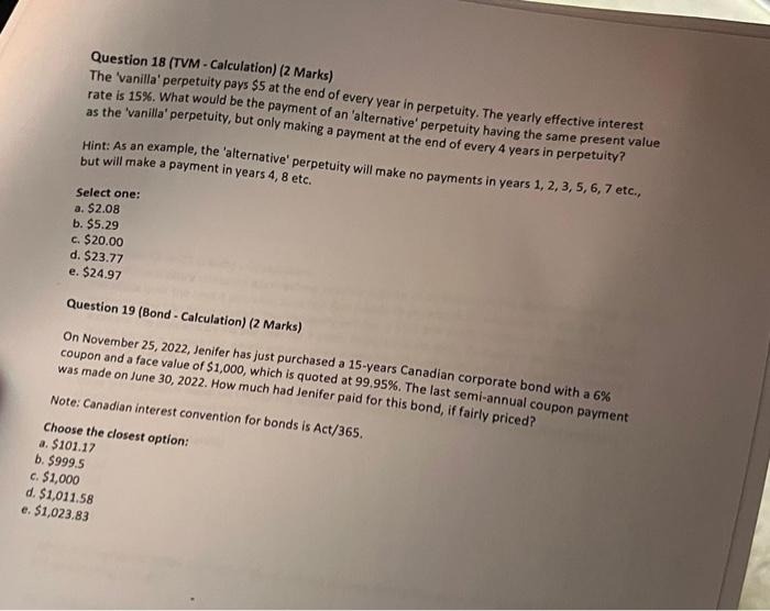 Solved Question 18 (TVM - Calculation) (2 Marks) The | Chegg.com