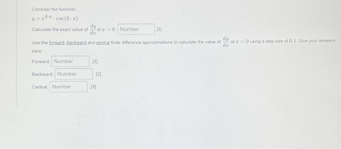 Solved Consider the function: y=e4⋅x+cos(3−x) Calculate the | Chegg.com