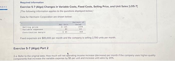 Solved rt 2 of 2 nts Required information Exercise 5-7 | Chegg.com