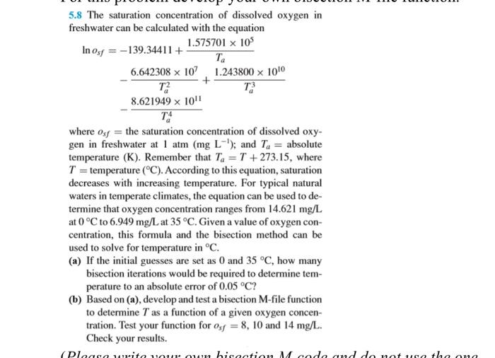 Solved 5.8 The saturation concentration of dissolved oxygen | Chegg.com