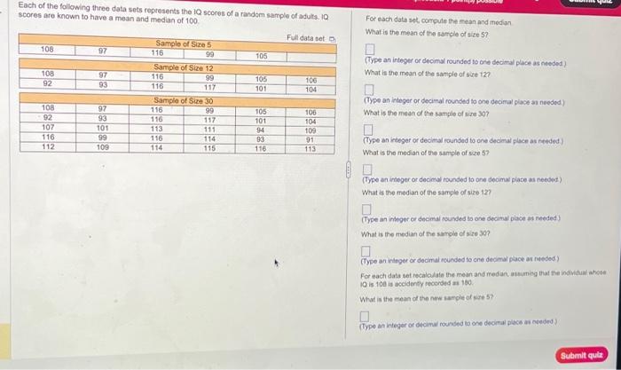 Solved Each of the following three data sets represents the | Chegg.com