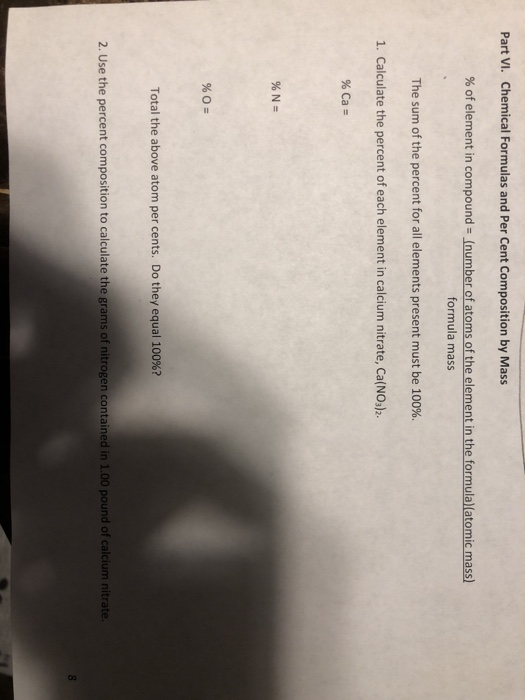 Solved Part VI. Chemical Formulas and Per Cent Composition | Chegg.com