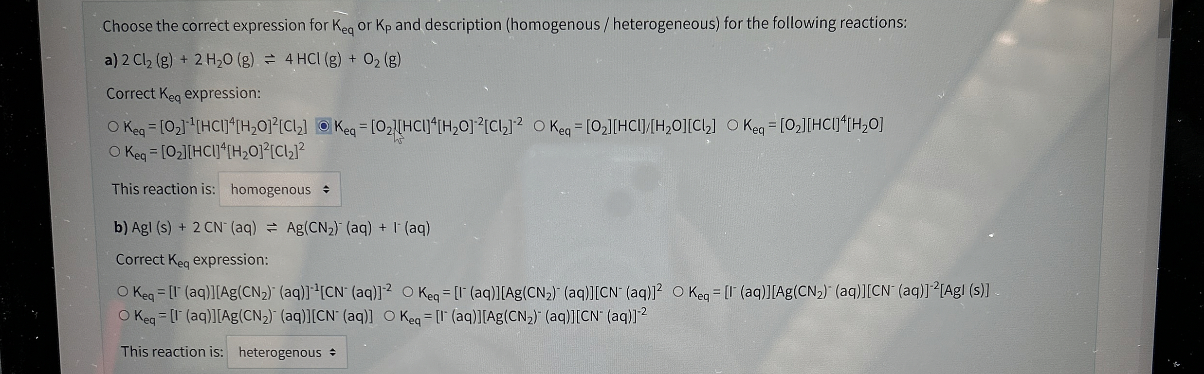Solved Choose the correct expression for Keq ﻿or Kp ﻿and | Chegg.com