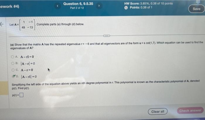 Solved LetA=[149−1−13]. Complete parts (a) through (d) | Chegg.com