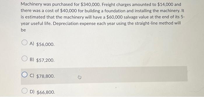 Solved Machinery was purchased for $340,000. Freight charges | Chegg.com