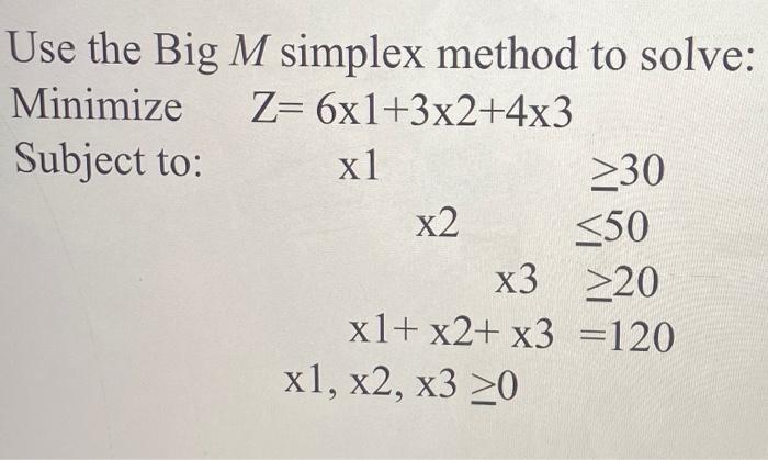 Solved Use the Big M simplex method to solve: Minimize | Chegg.com