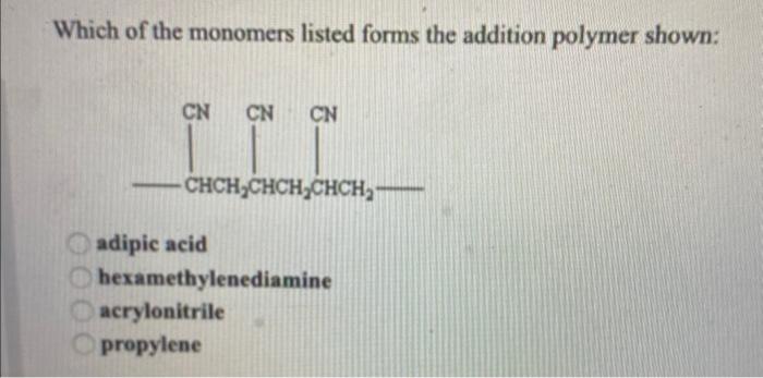 Solved Which of the monomers listed forms the addition | Chegg.com