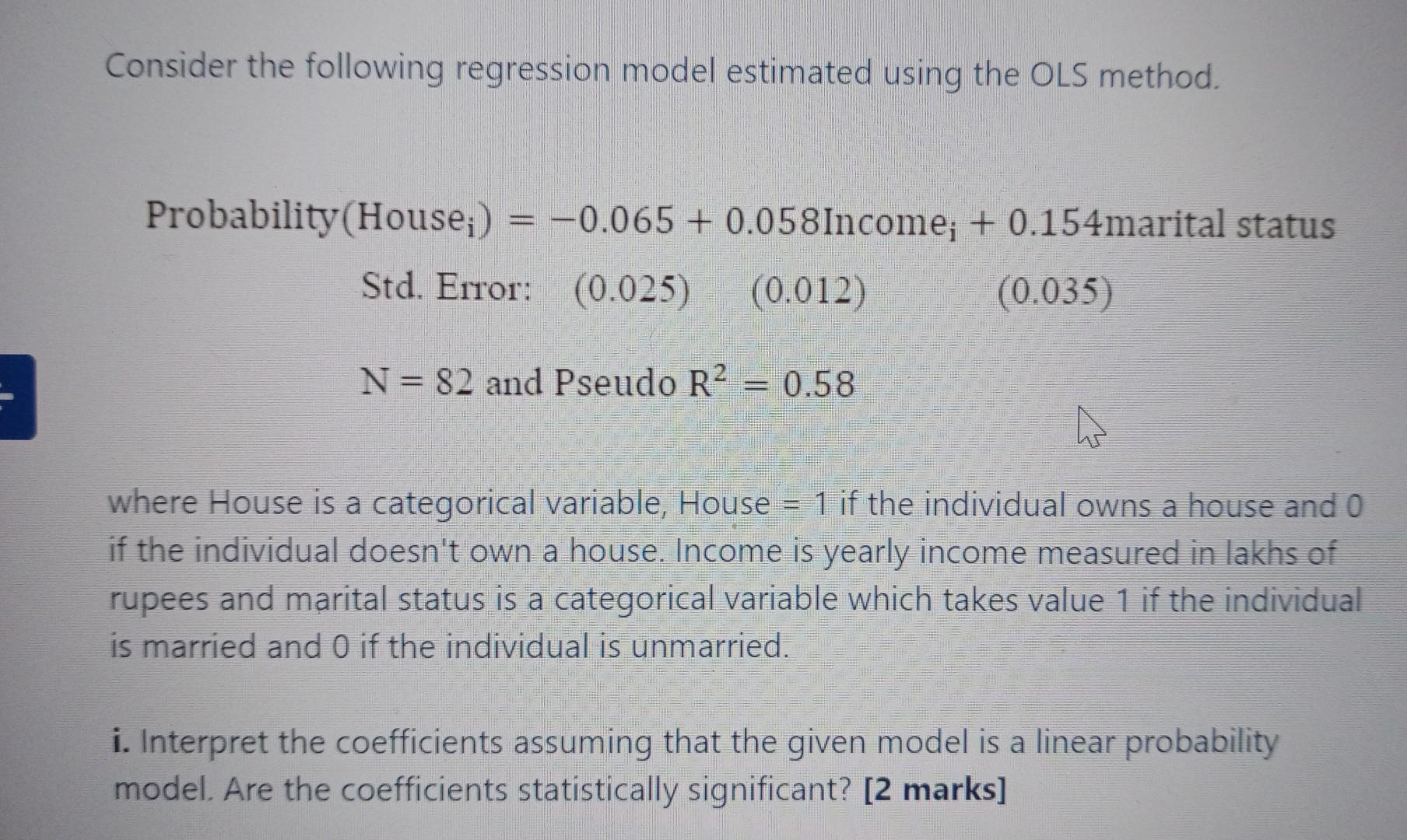 Solved Consider the following regression model estimated | Chegg.com