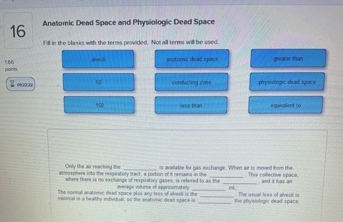 Solved Anatomic Dead Space and Physiologic Dead Space 16 | Chegg.com