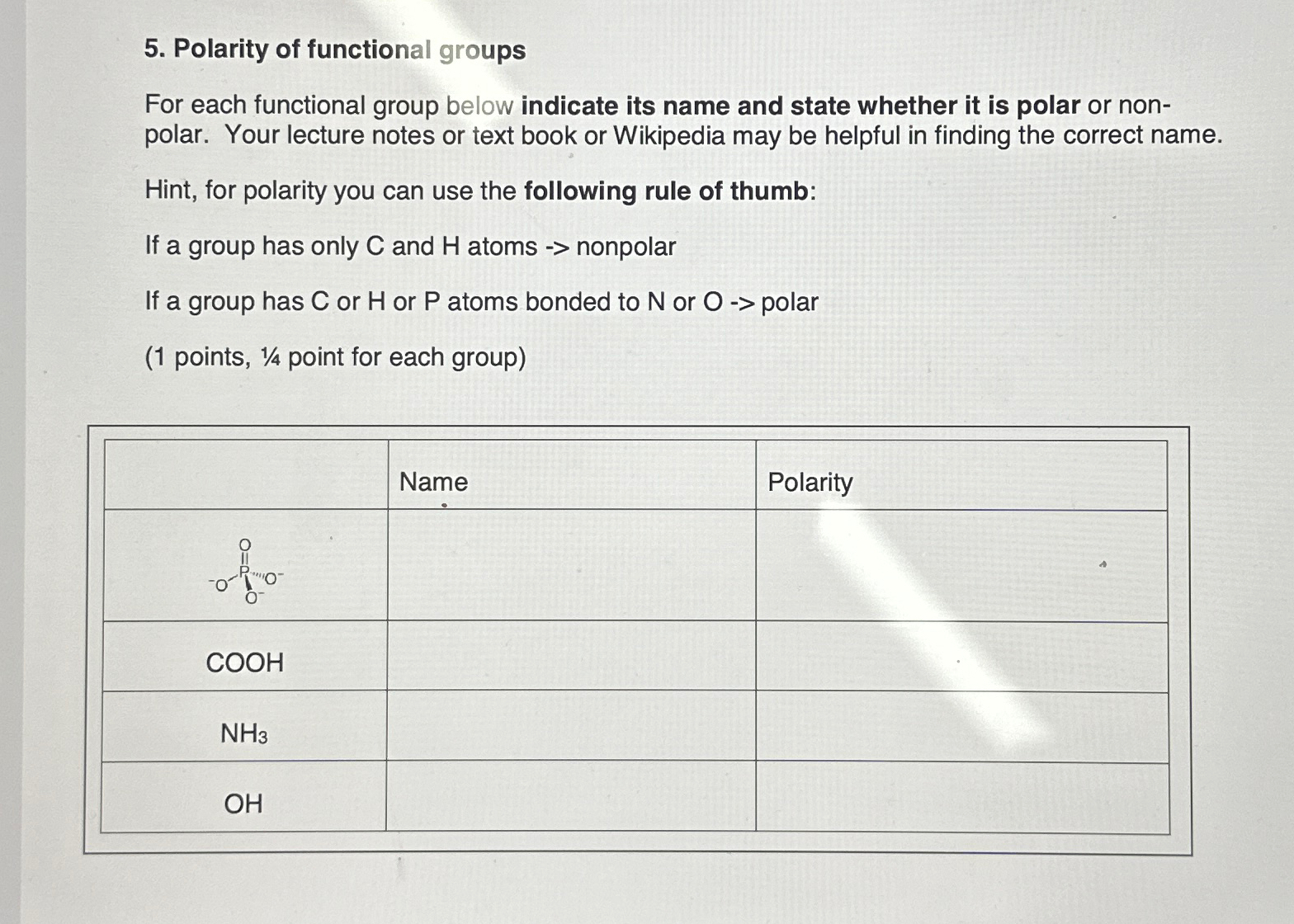 Solved Polarity of functional groups\\nFor each functional | Chegg.com