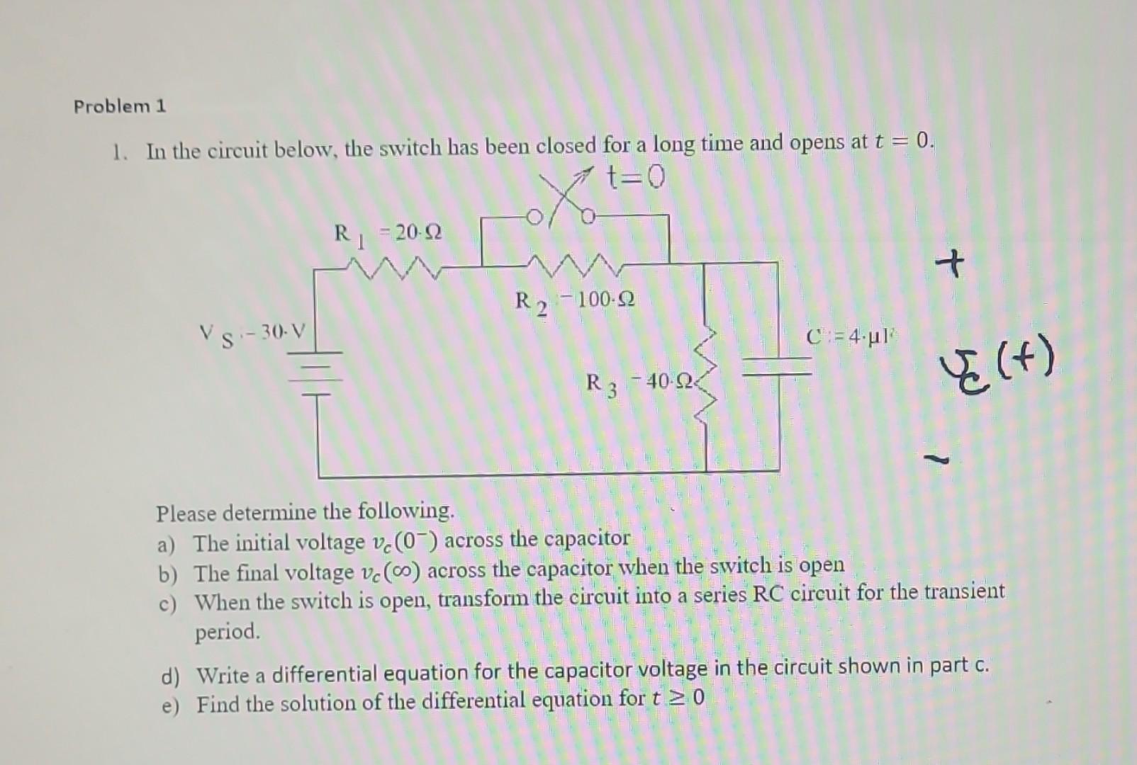 Solved 1. In the circuit below, the switch has been closed | Chegg.com
