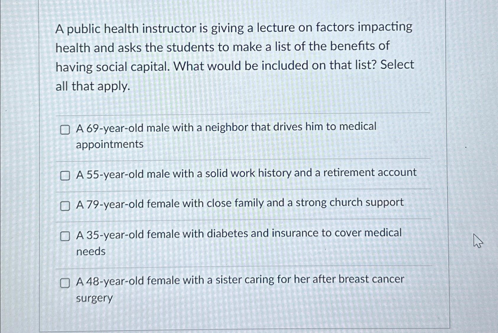 Solved A public health instructor is giving a lecture on | Chegg.com